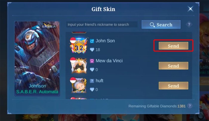 Cara Gift Skin Mobile Legends Sebagai Hadiah ke Pemain Lain