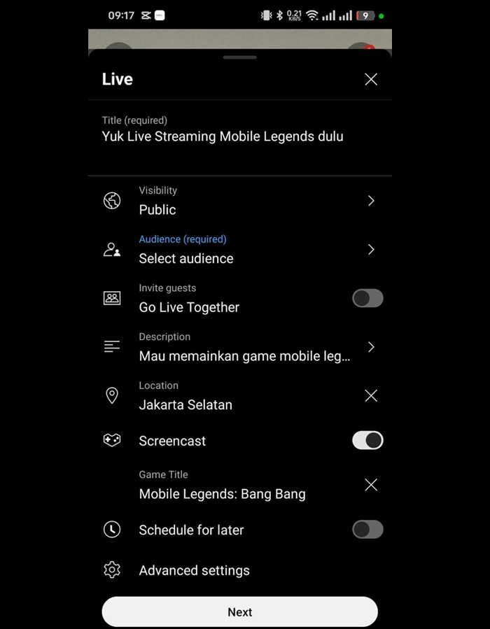 Cara Live Streaming Mobile Legends di YouTube dari HP Langsung